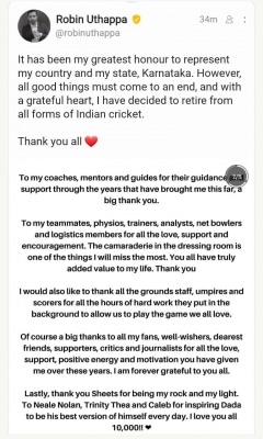 T20 WC Winner Robin Uthappa Announces Retirement From All Forms Of ...